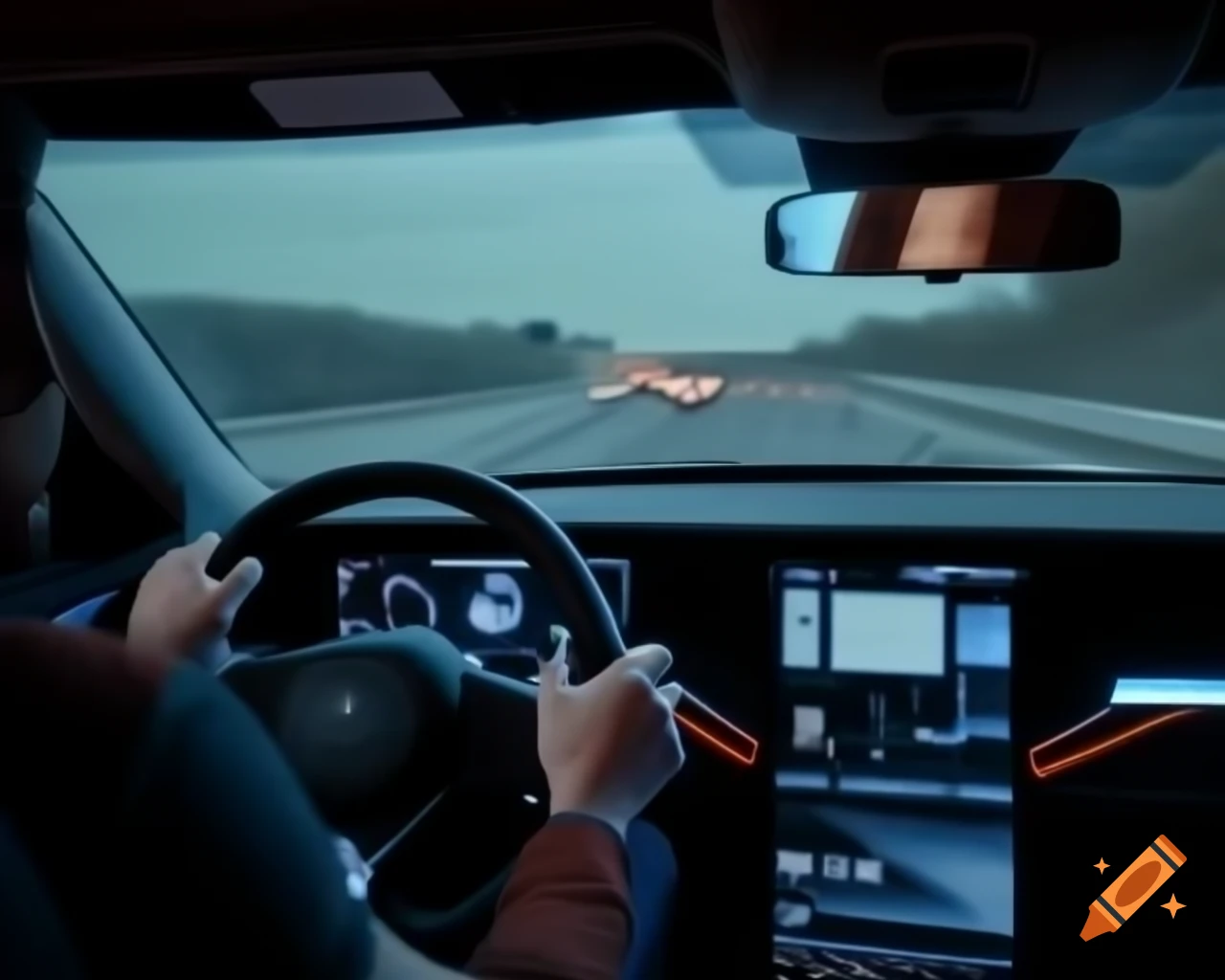 First person view in a 3D driving simulator on a freeway, cel shading ...