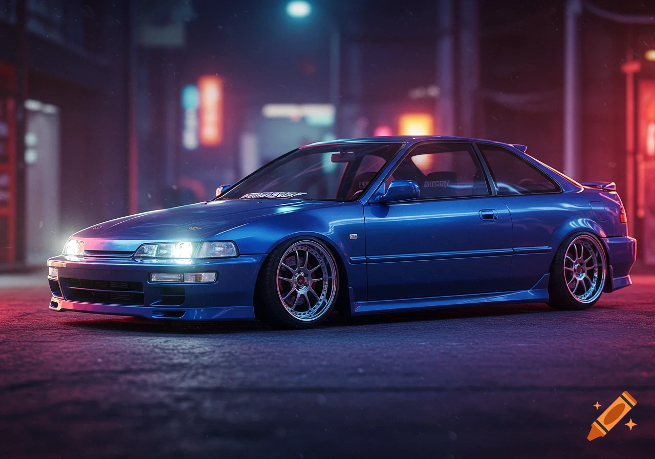 Blue slammed Acura Integra parked on a wet street at night under neon ...