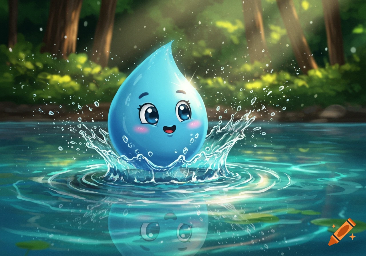 A cute cartoon raindrop character splashes into a sparkling lake. on ...