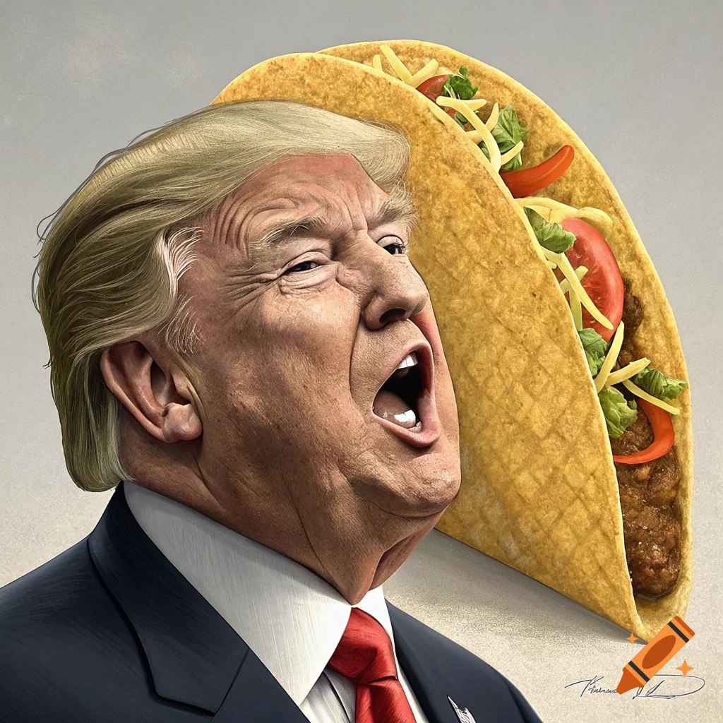 Caricature of Donald Trump with a giant taco where his neck wattle ...