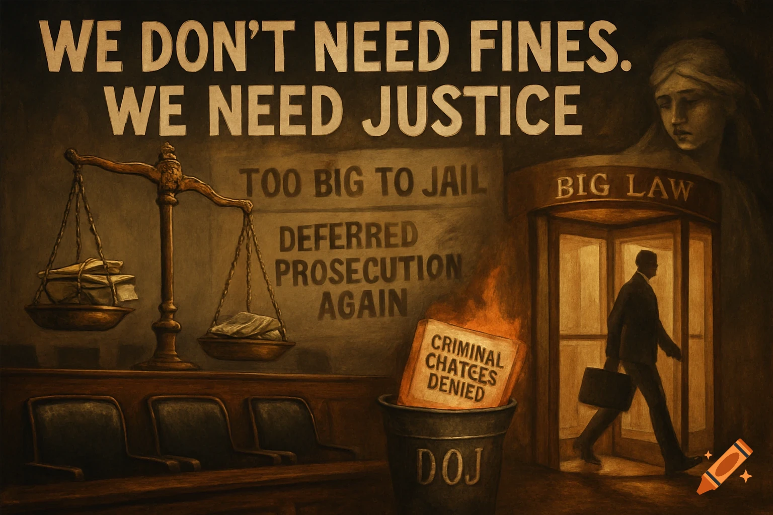 A painting depicts a courtroom scene with scales of justice, an ...