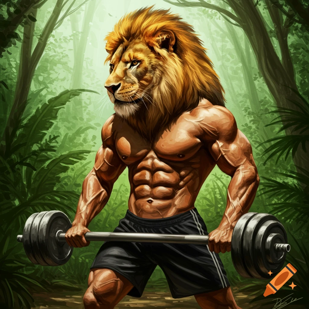 Muscular lion-headed bodybuilder lifting a barbell in a forest. on Craiyon