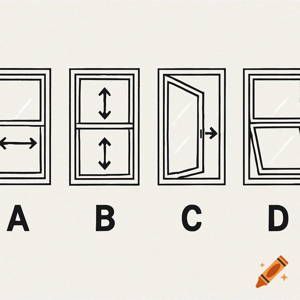 Simple line drawing illustrating four different types of windows ...