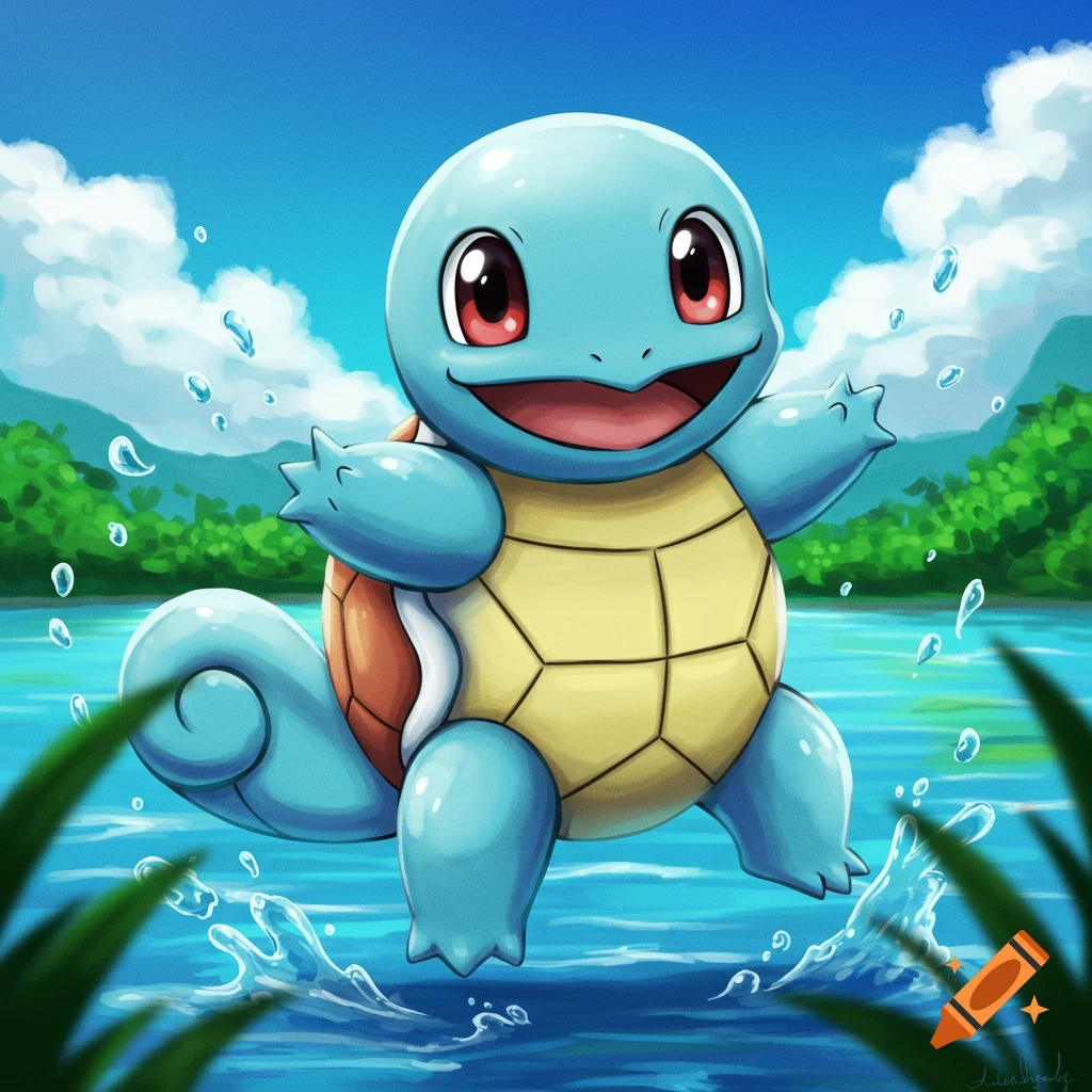Squirtle, the blue turtle Pokemon, jumps out of blue water with ...