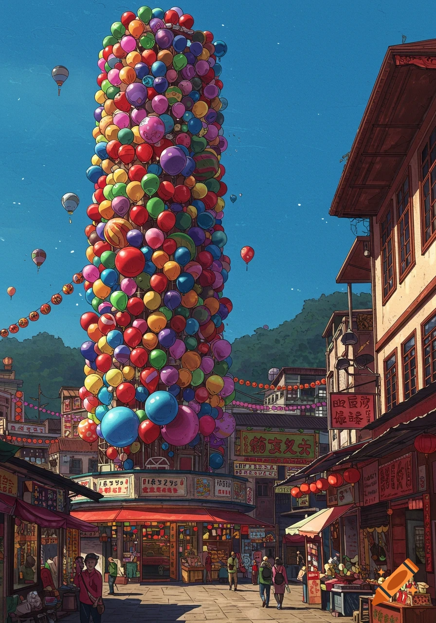 A colossal tower of colorful balloons rises over a lively marketplace ...