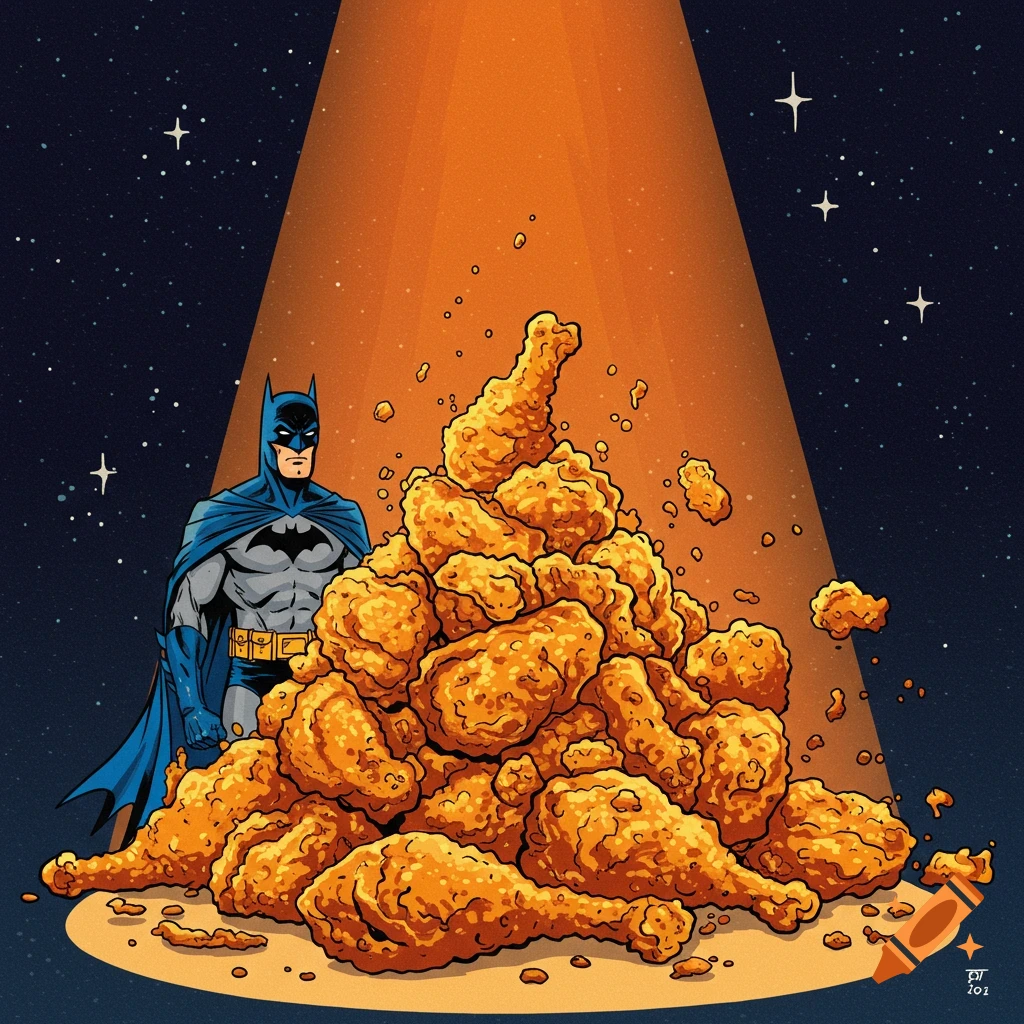 Batman stands next to a giant pile of fried chicken under a spotlight ...
