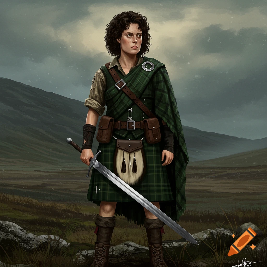Woman dressed as a Scottish Highlander holding a sword in a dramatic landscape. on Craiyon