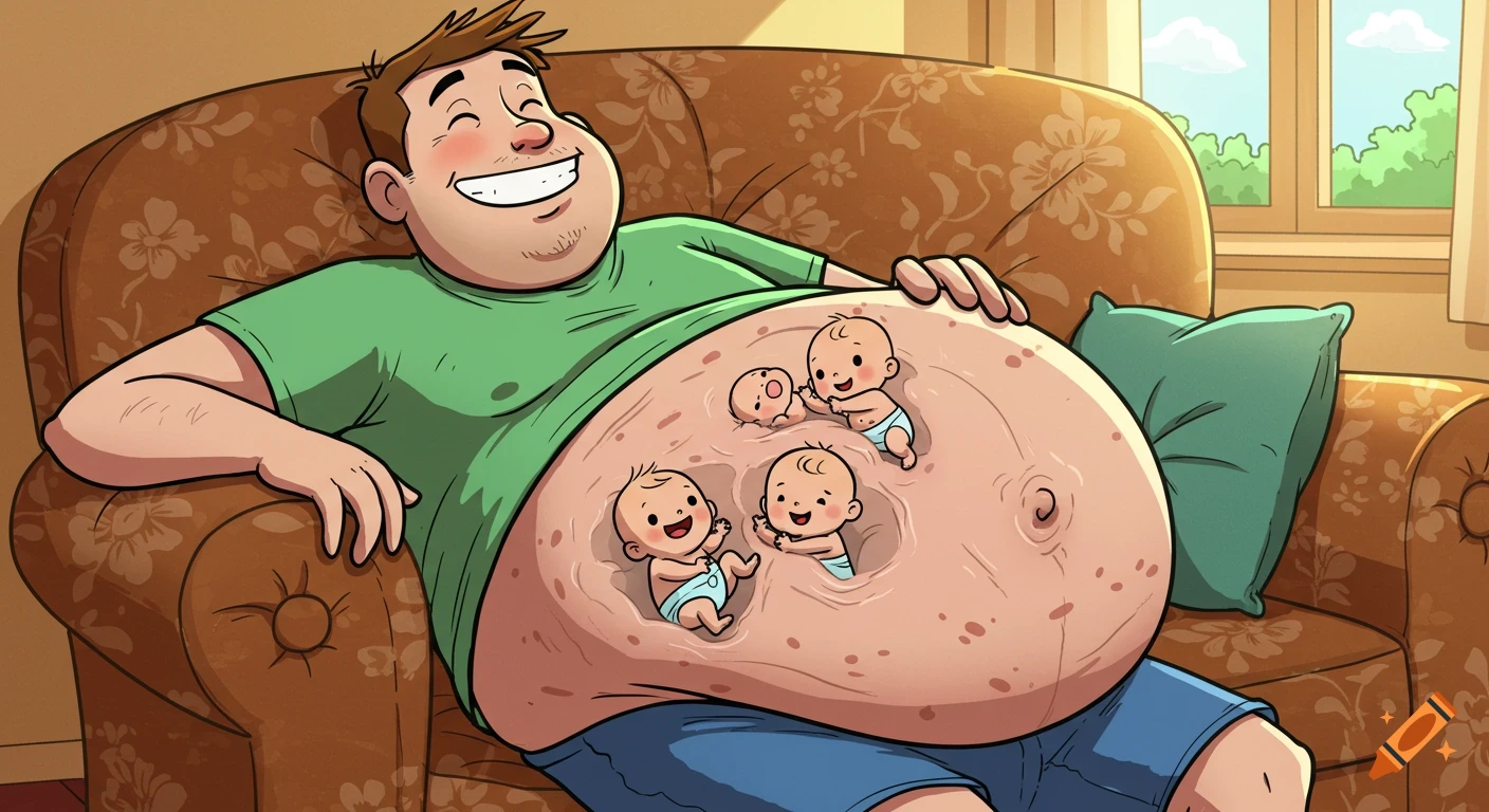A cartoon man with a huge pregnant belly filled with babies sits ...