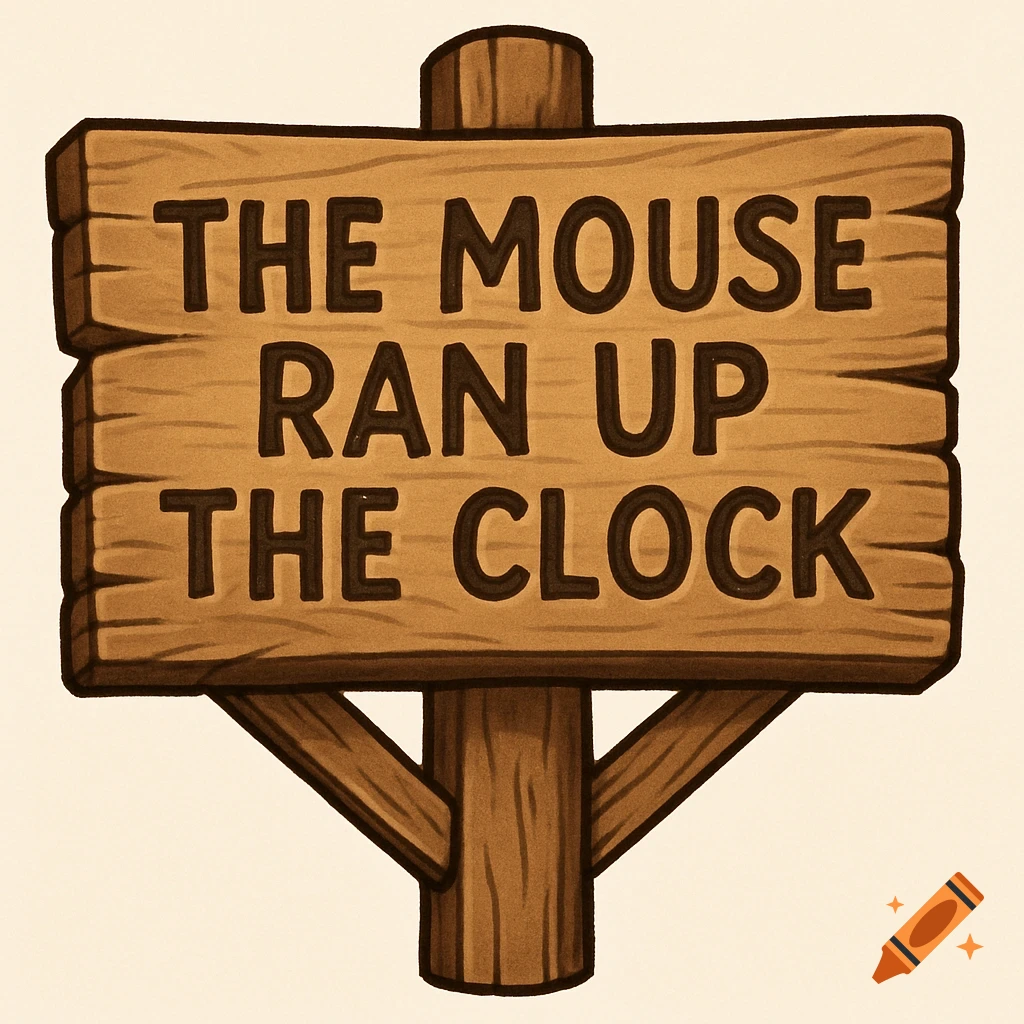 A cartoon wooden sign with the text 'THE MOUSE RAN UP THE CLOCK'. on ...