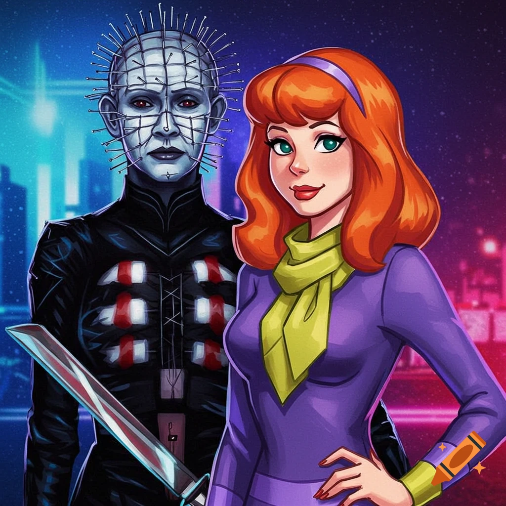 Cartoon illustration of Pinhead and Daphne from Scooby Doo standing ...