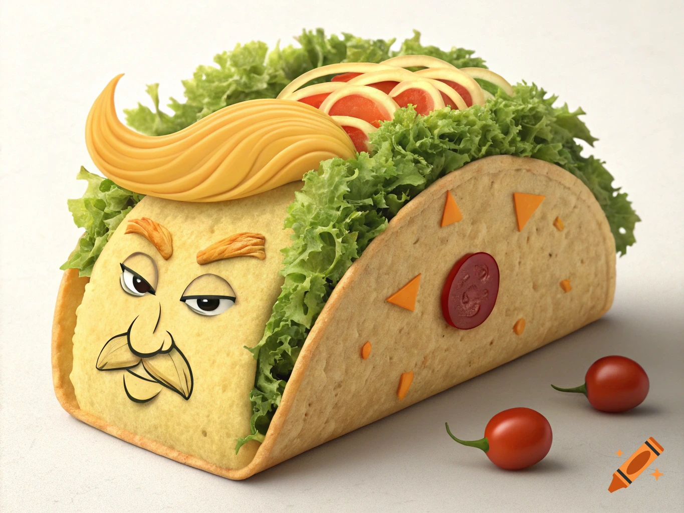 A taco is personified to resemble Donald Trump, with lettuce, tomato ...