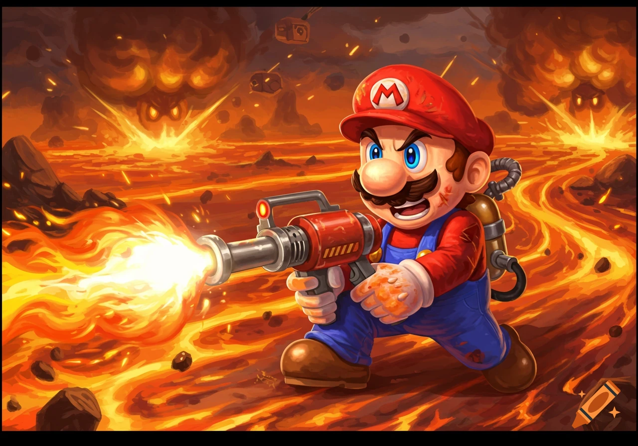 Mario with a flamethrower in a fiery lava world with explosions. on Craiyon
