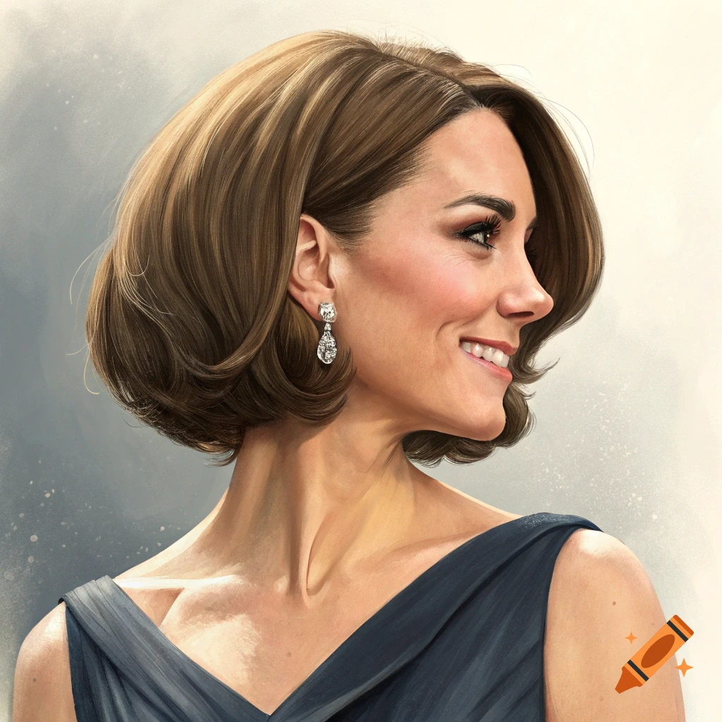 Portrait of Kate Middleton with a bob haircut, looking right and ...