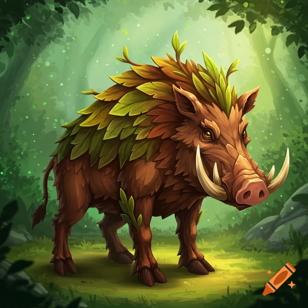 A fantasy boar creature covered in leaves stands in a lush green forest ...