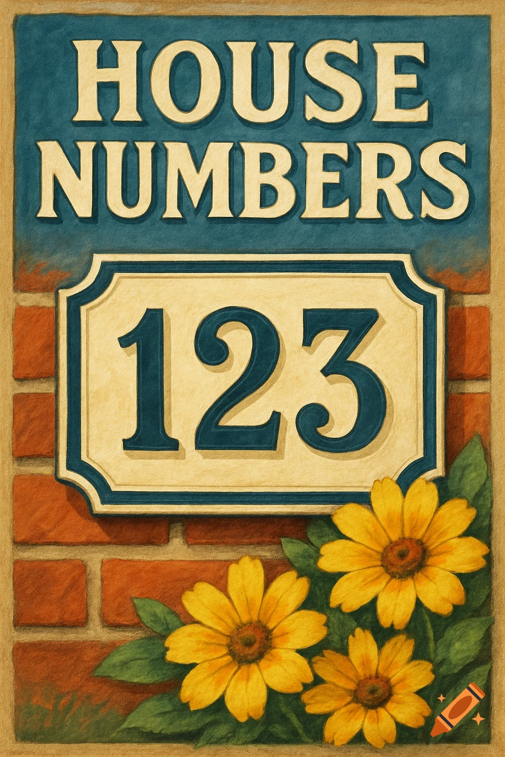 An illustration of a sign on a brick wall reading "HOUSE NUMBERS 123 ...