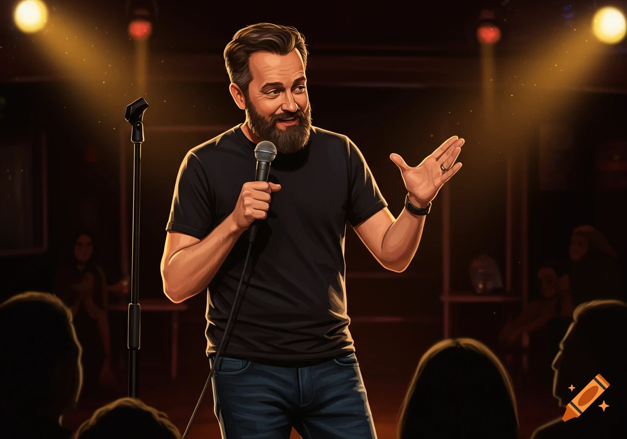 An illustrated man performing stand-up comedy on a stage with a ...