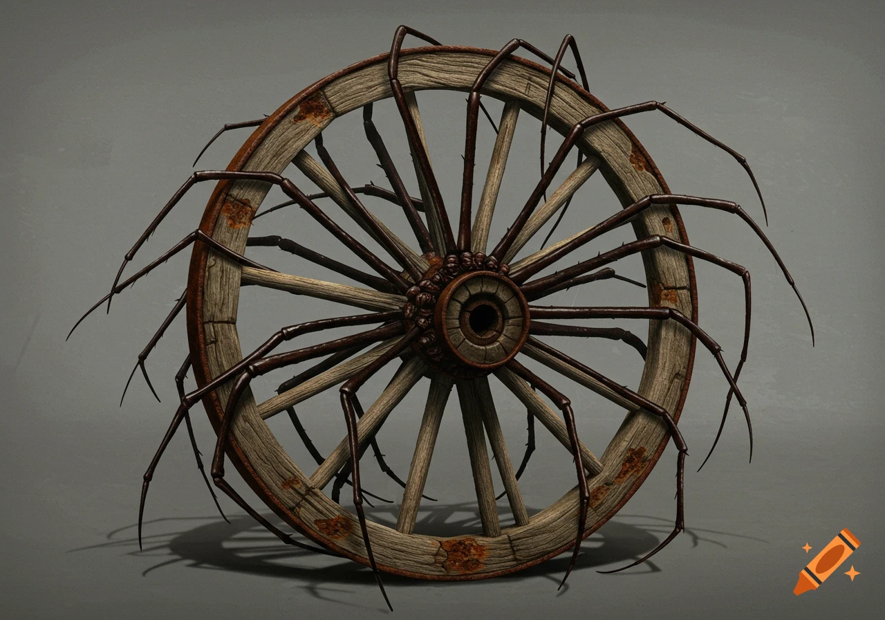 A detailed 3D render of a wagon wheel with long, spindly spider legs ...