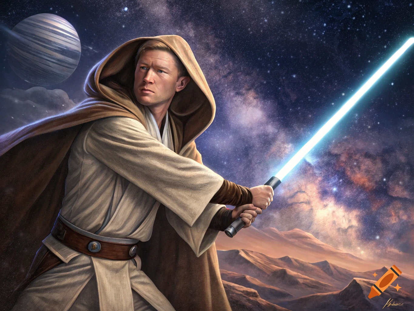 A Jedi Knight with a lightsaber stands against a space and desert ...