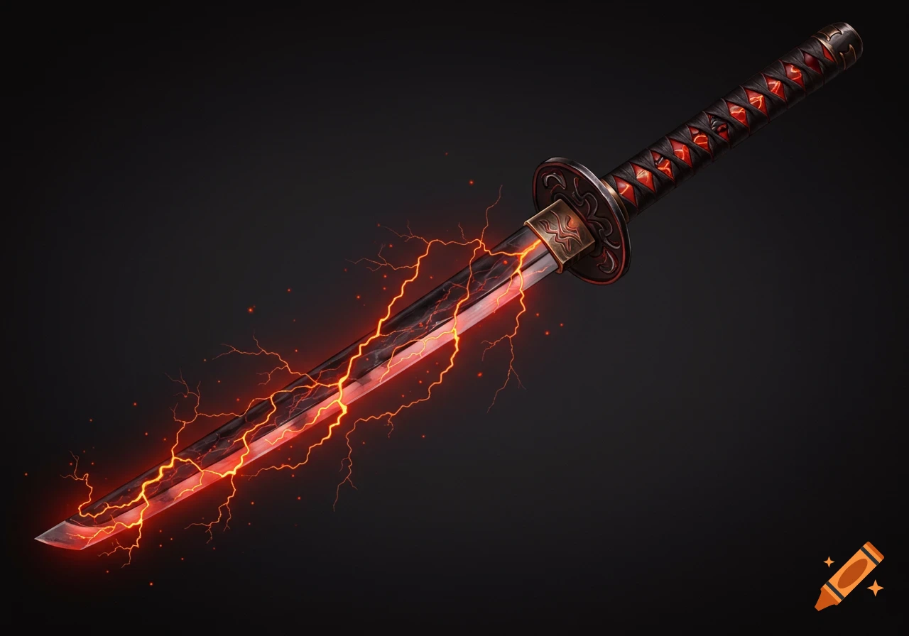 A stylized katana with a glowing red blade and electric aura on a dark ...