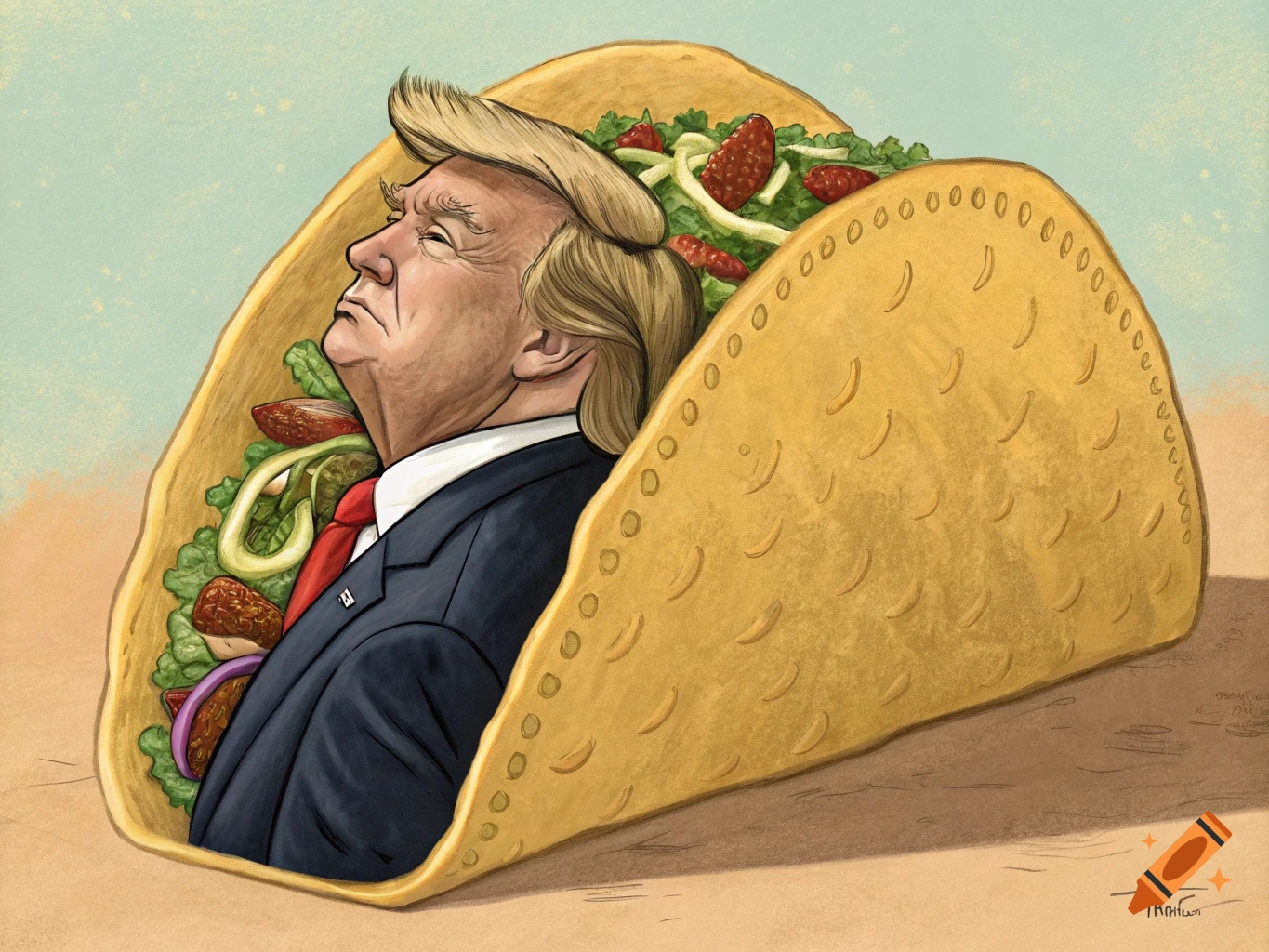 Cartoon illustration of Donald Trump inside a taco shell with fillings ...