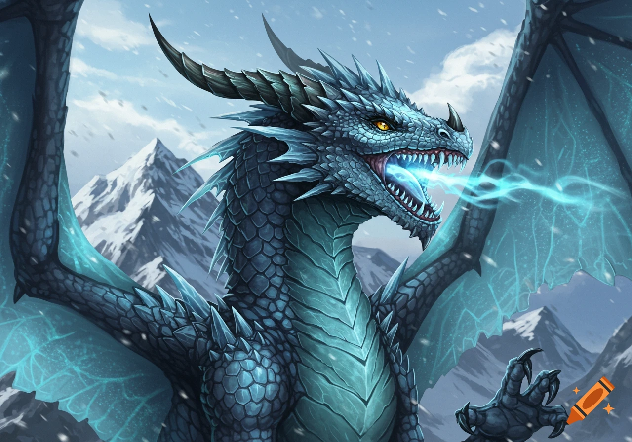 Close-up of a blue ice dragon breathing frost in a snowy mountain landscape, digital painting ...