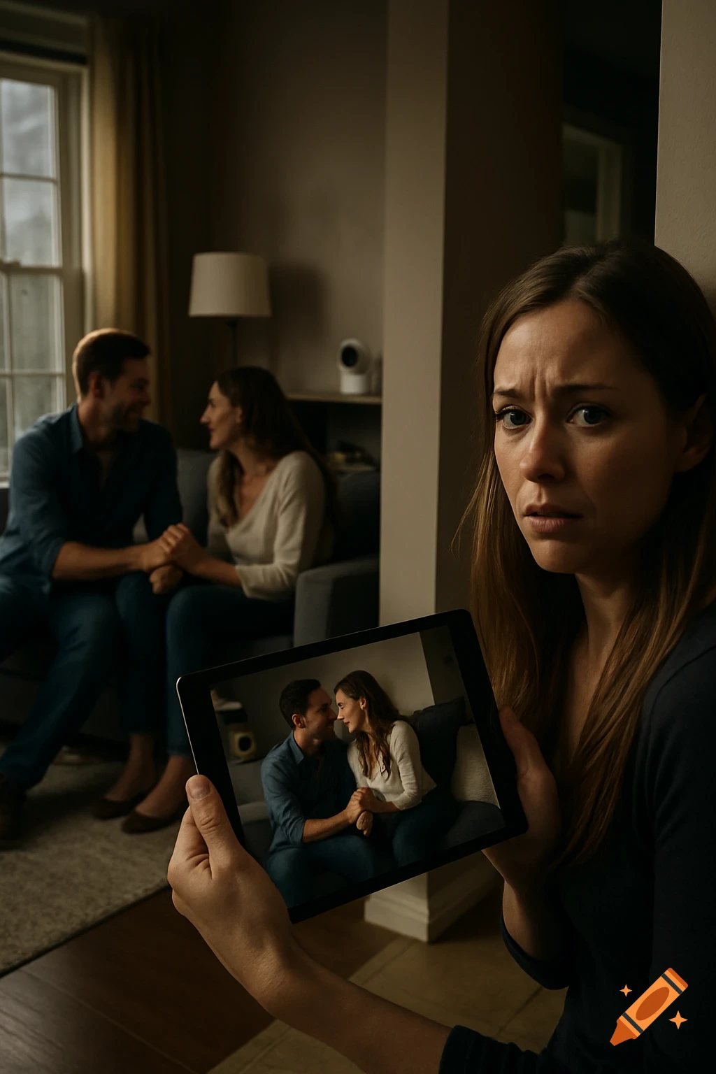 A woman holds a tablet displaying security footage of a couple being ...