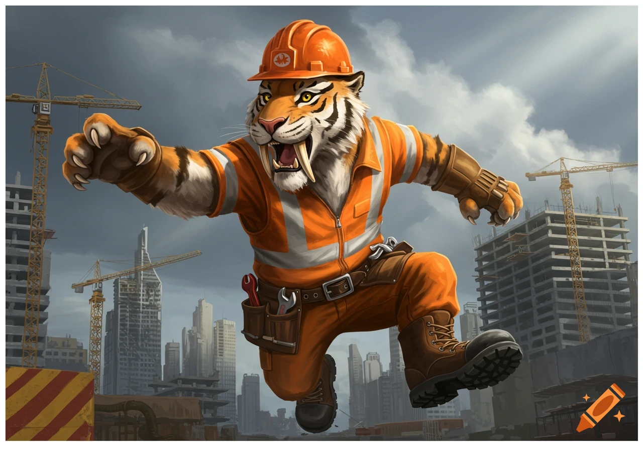 A sabre-toothed tiger in construction gear leaps over a construction ...