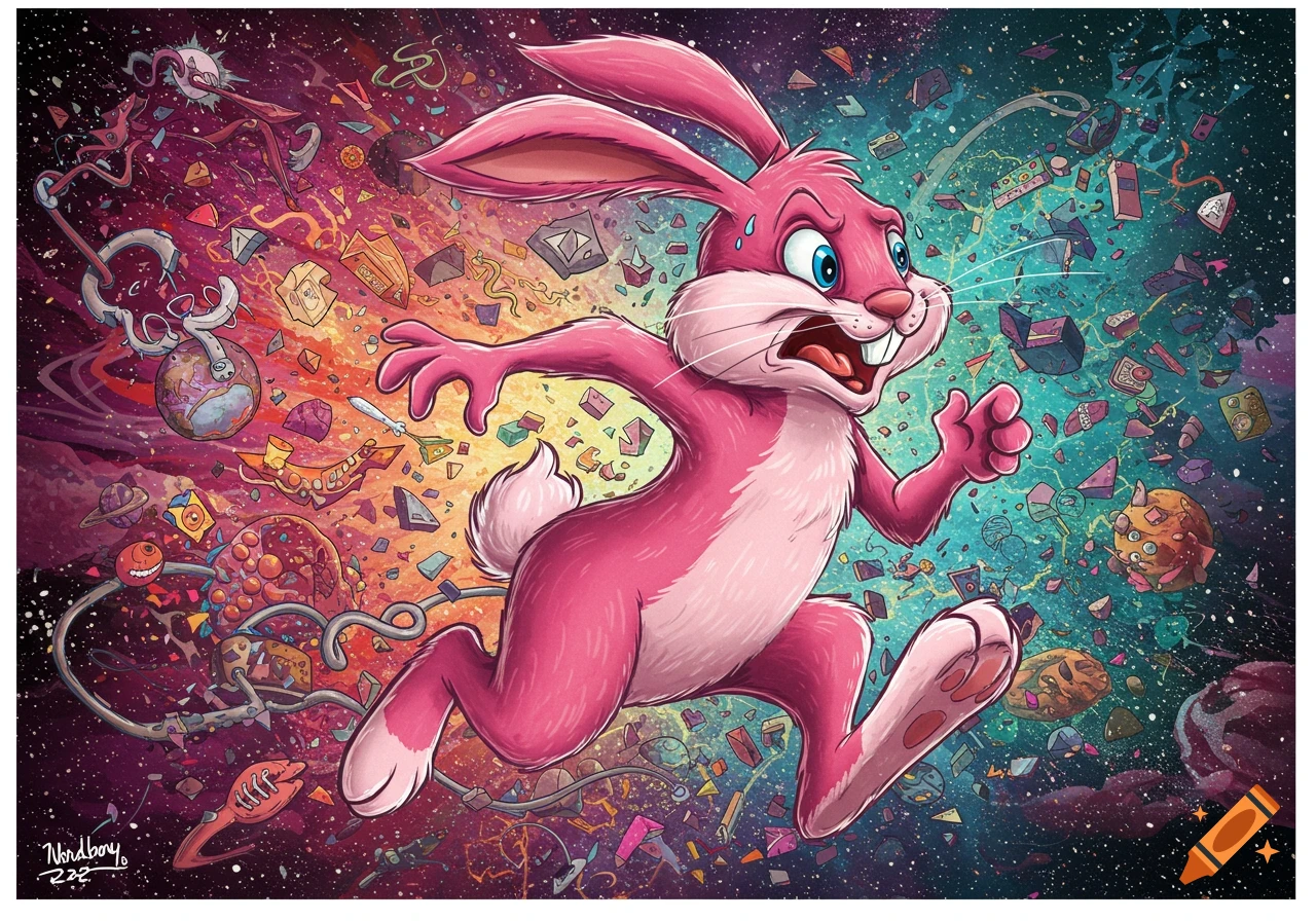 Cartoon pink rabbit running in panic through chaotic space with ...