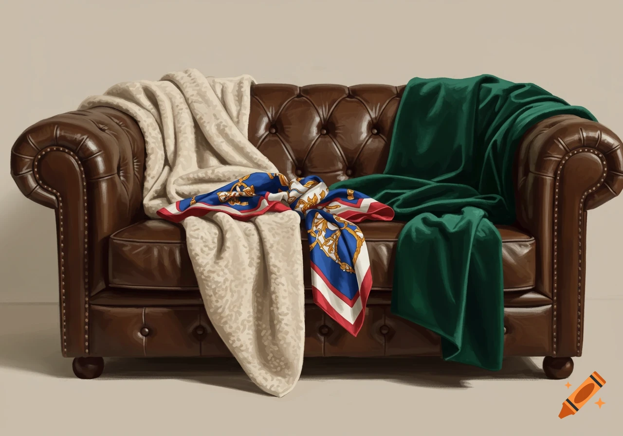 A brown leather tufted sofa is draped with a cream throw blanket, a ...