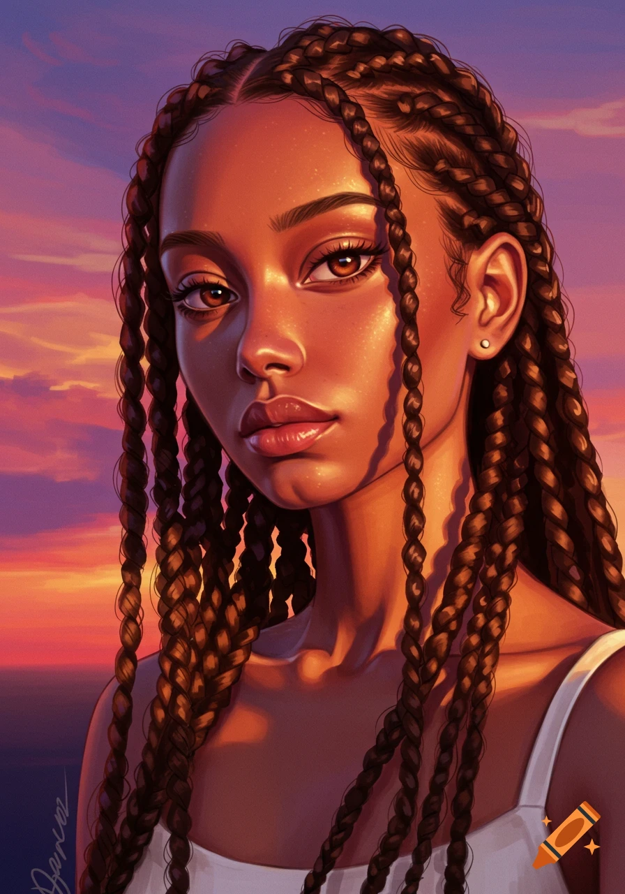 Digital painting portrait of young woman with braids against a sunset ...