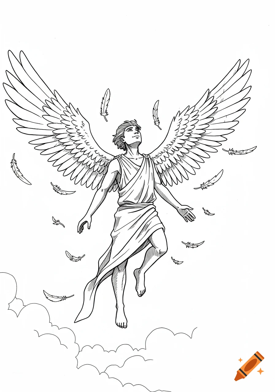 Line art drawing of Icarus flying upward as feathers fall from his ...