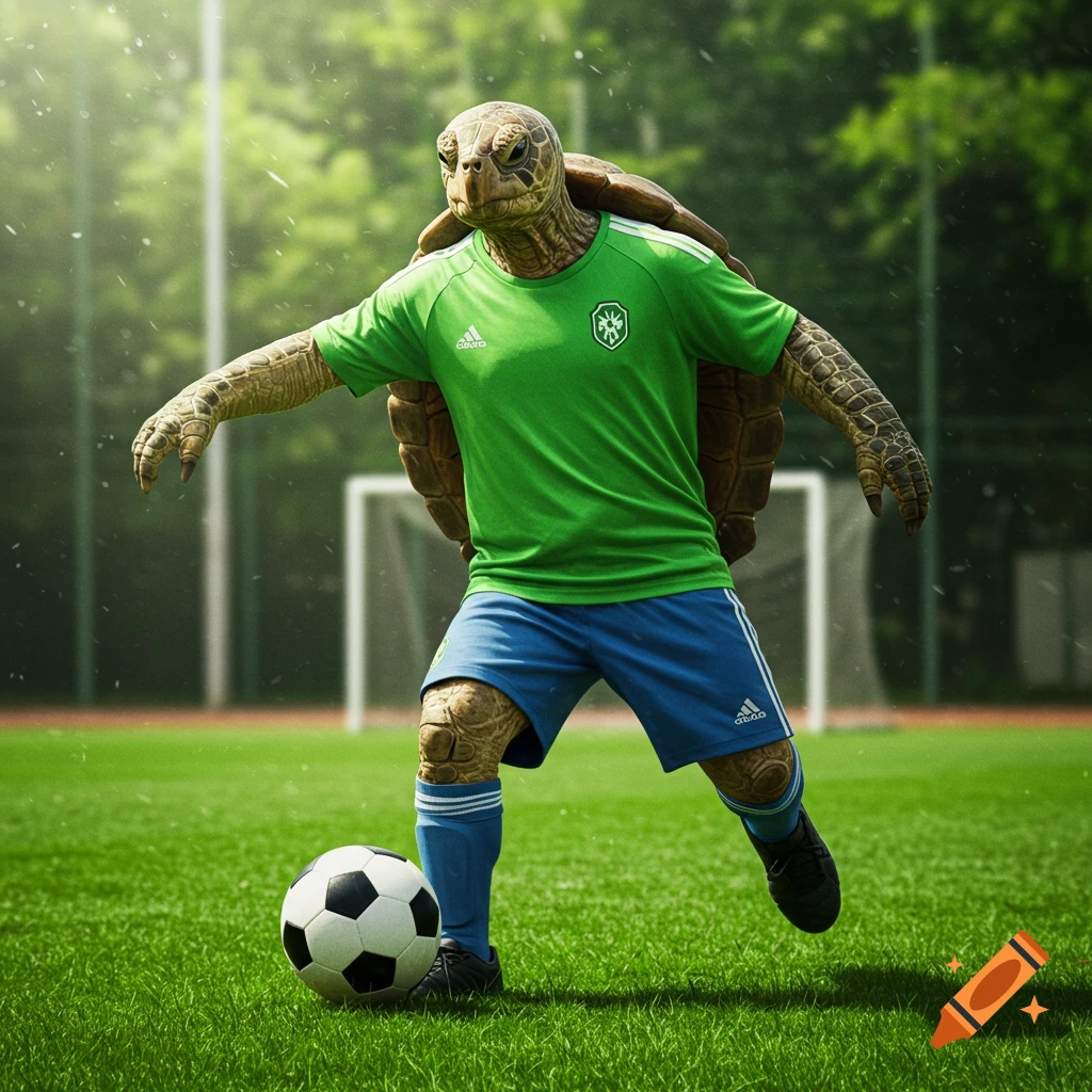 Photorealistic turtle in a soccer uniform playing soccer on a field. on ...