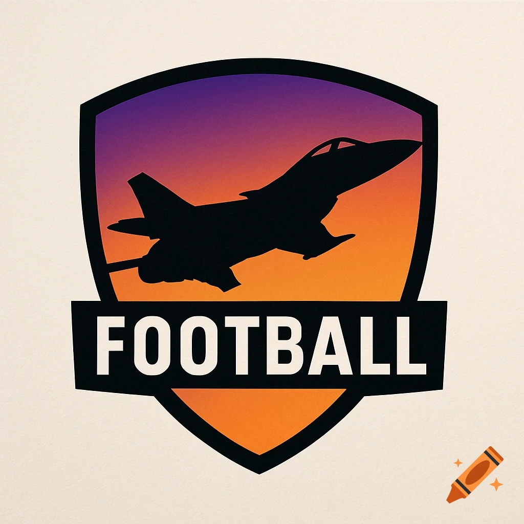 Logo with a black fighter jet over a purple and orange sky and the word ...