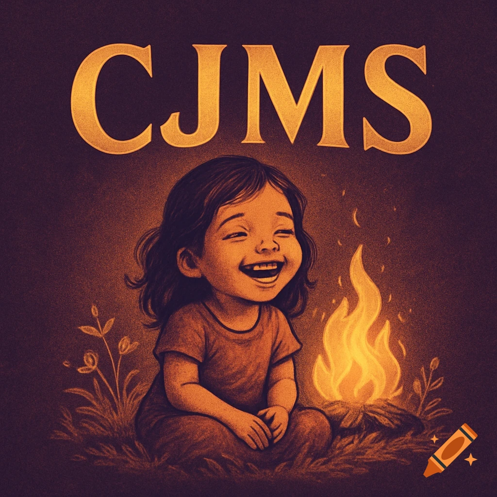 Stylized illustration of a laughing girl sitting by a campfire with ...