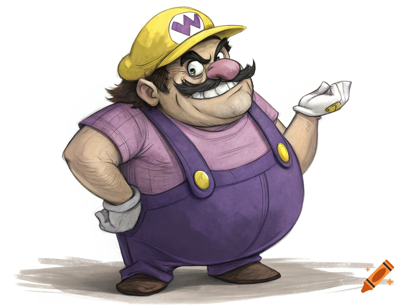 Illustration of Wario posing, wearing yellow cap, purple overalls, and ...