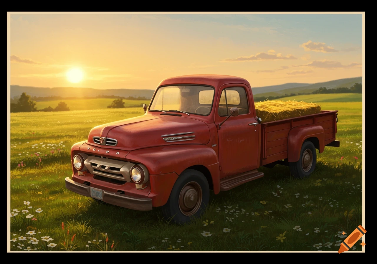 A red vintage Ford truck with hay in the bed parked in a sunny field ...