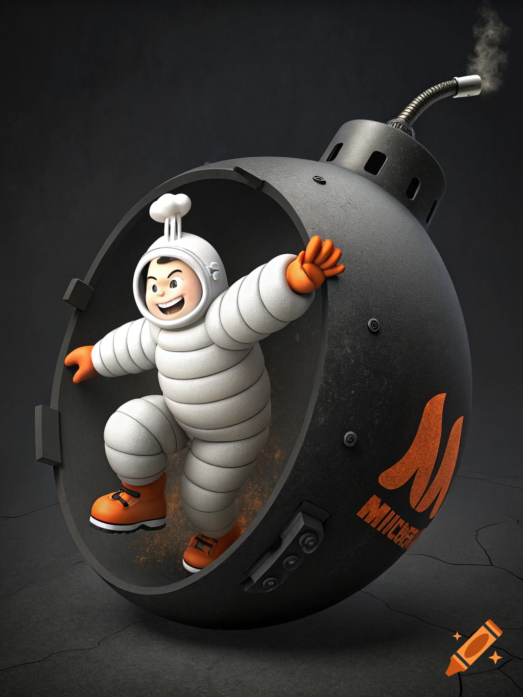 A cartoon Michelin Man character leans out of a black bomb flying ...