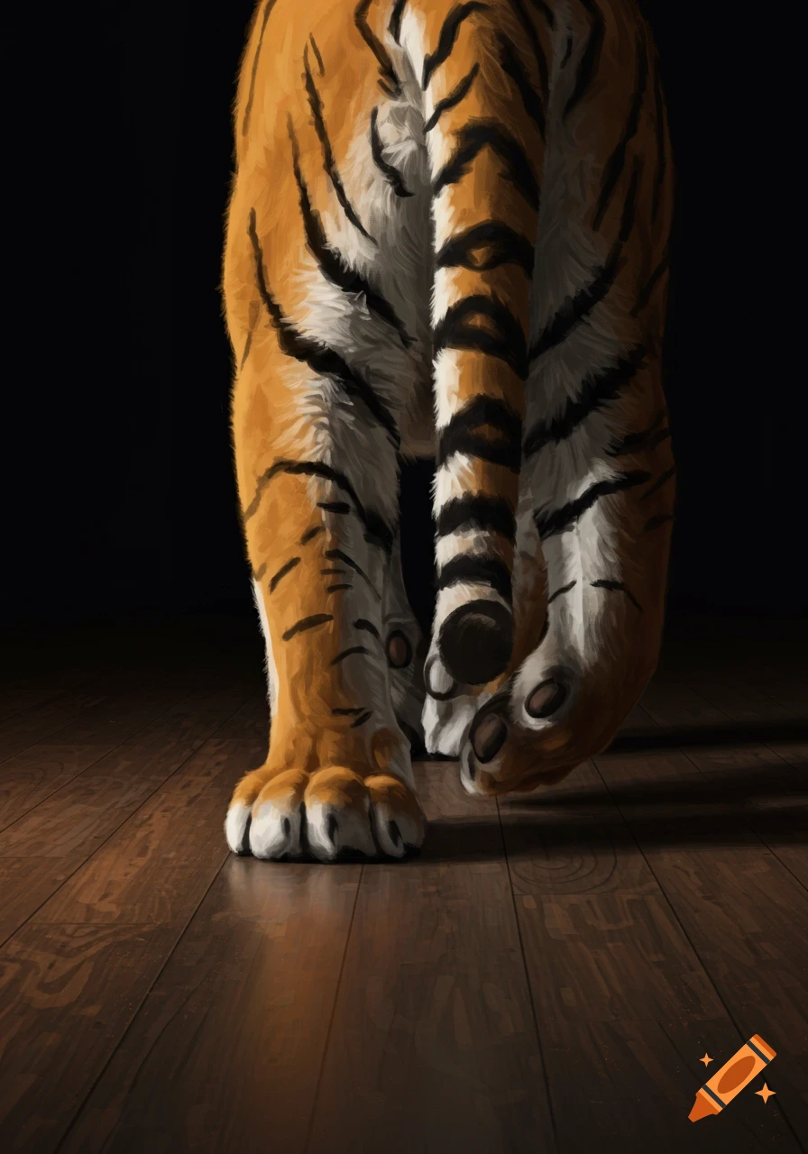 Back view of a tiger's legs and tail walking on a wooden floor on Craiyon