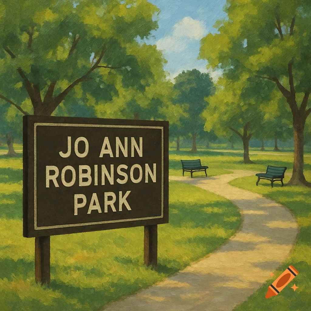 Painting of a park sign for Jo Ann Robinson Park with a path and ...