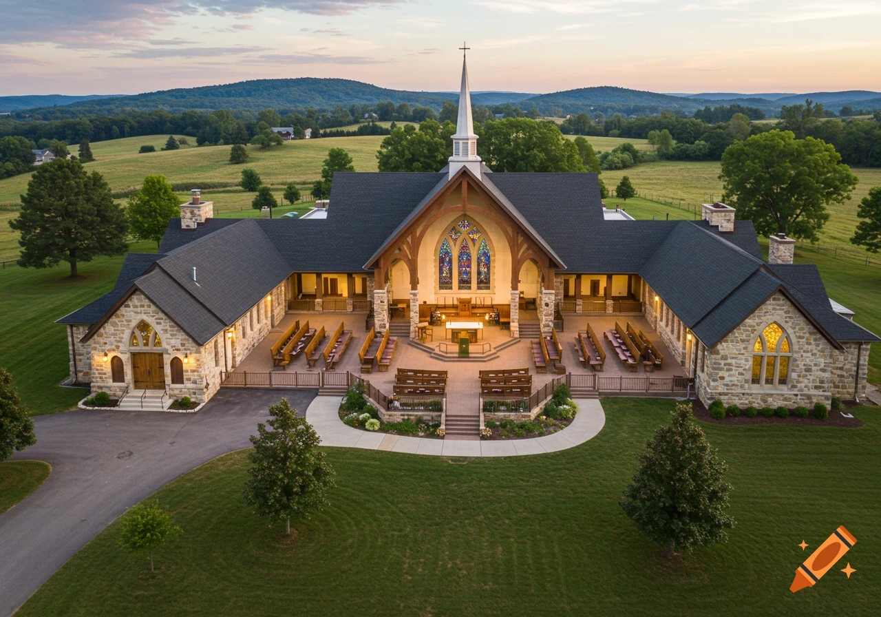 Aerial view of a church building with stone facade and outdoor seating ...