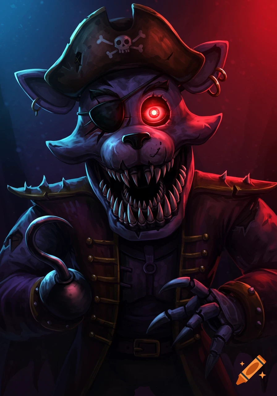 A creepy pirate animatronic with glowing red eye, hook hand, and sharp ...