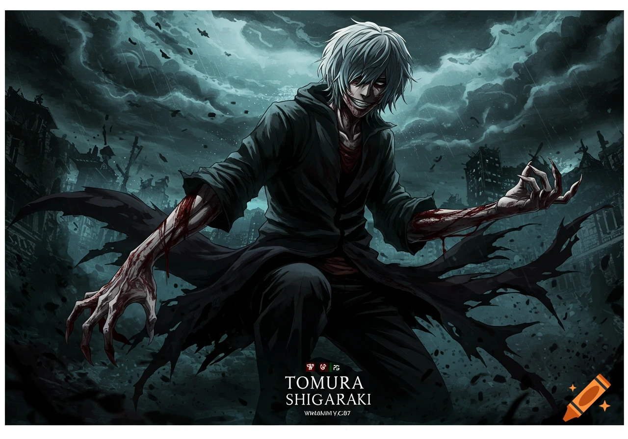 Anime style illustration of Tomura Shigaraki with white hair, damaged ...
