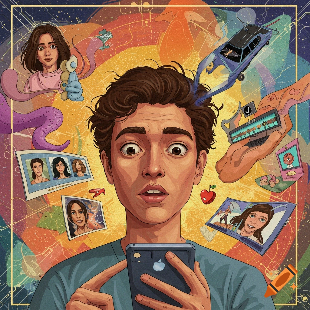 Illustration of a surprised man holding a phone, surrounded by floating ...