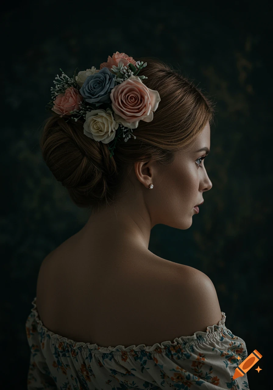 Renaissance style portrait of a woman with flowers in her hair, viewed ...