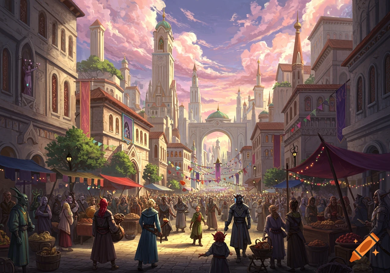 Illustrative fantasy town market during a festival with crowds and ...