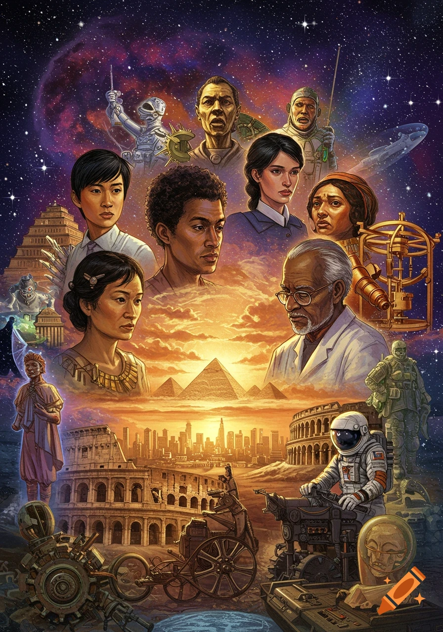 Illustration collage of human history and progress with diverse people ...