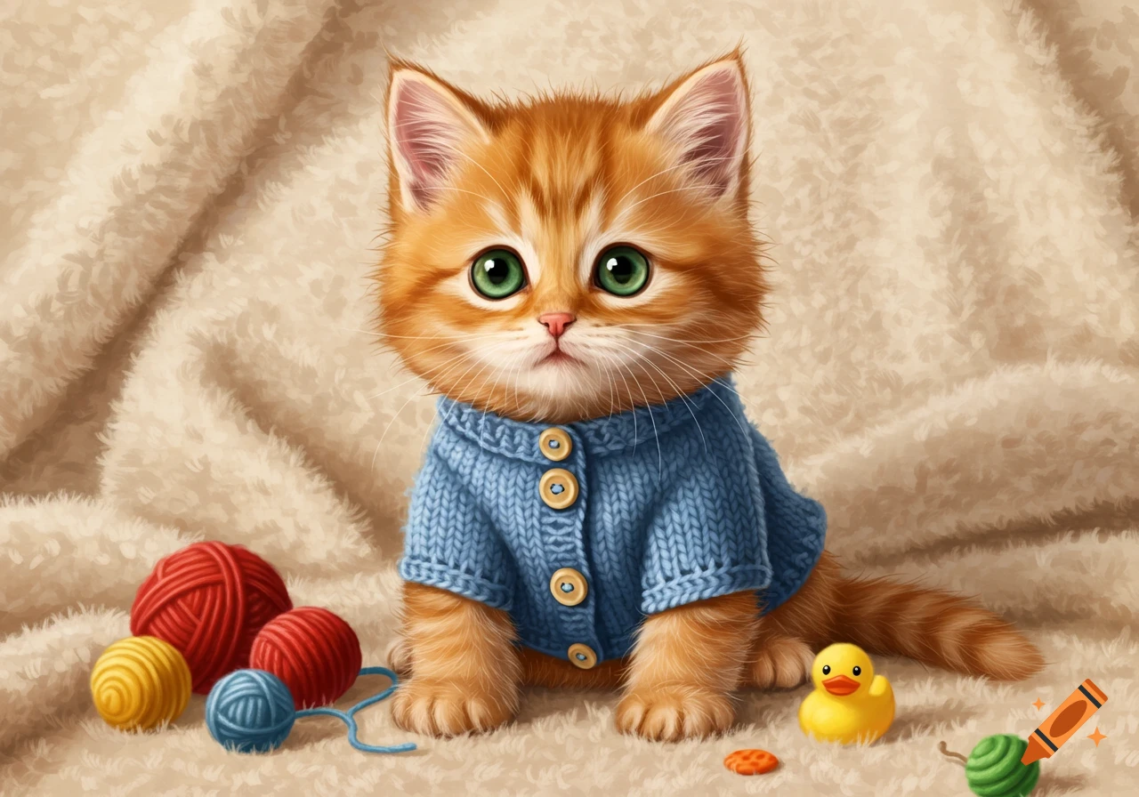 Cute orange tabby kitten in a blue sweater sits with yarn and a rubber ducky. on Craiyon