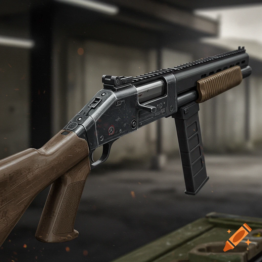 Realistic close-up of a dark combat shotgun with a magazine clip and ...