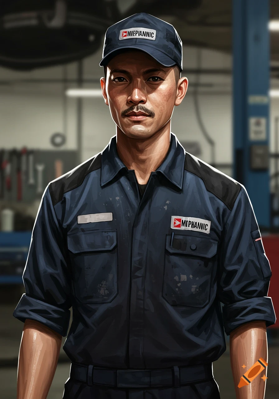 Portrait of a mechanic in uniform and cap, standing in a garage. on Craiyon