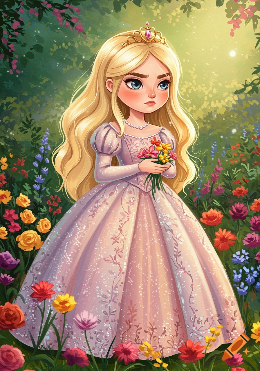 A young blonde princess in a pink sparkly ballgown holds flowers in a ...